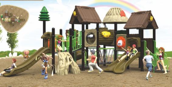 Multi-Level Treehouse Playground Equipment with Dual Slides, Climbing Wall